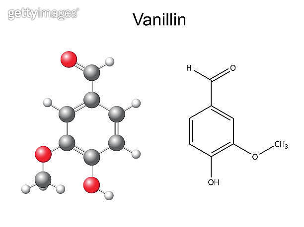 Chemical formula and model of vanillin molecule - flavor enhancer ...