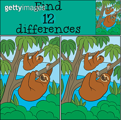 Educational game: Find differences. Mother sloth with her baby. 이미지 ...