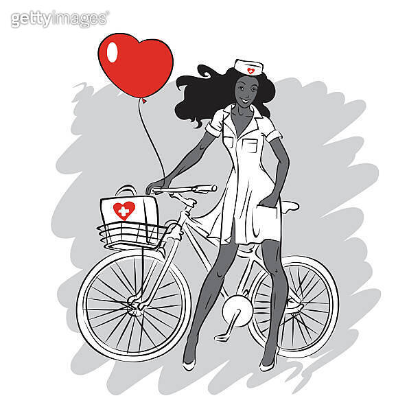 Beautiful nurse with bicycle. Girl with long dark hair. 이미지 (538466784) - 게티이미지뱅크