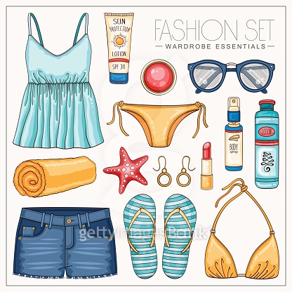 Summer hipster fashion set of beach clothes and accessories 이미지 ...