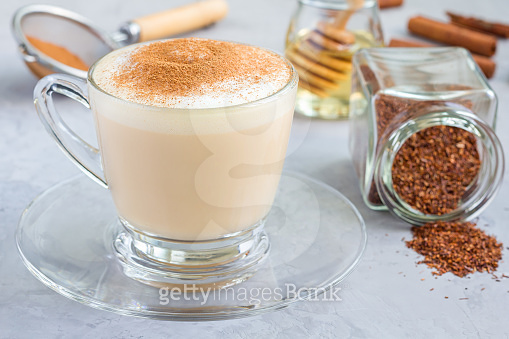 Healthy rooibos red tea latte topped with cinnamon, horizontal 이미지 ...