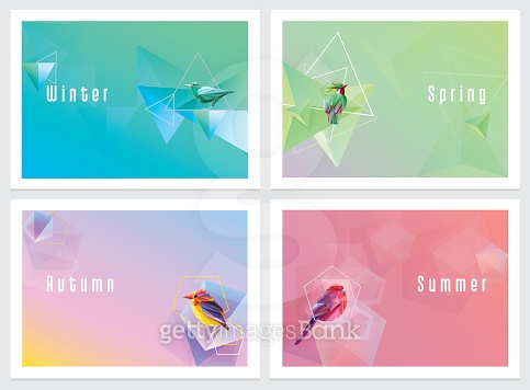 Modern colorful four seasons wallpapers with geometric shapes and birds ...