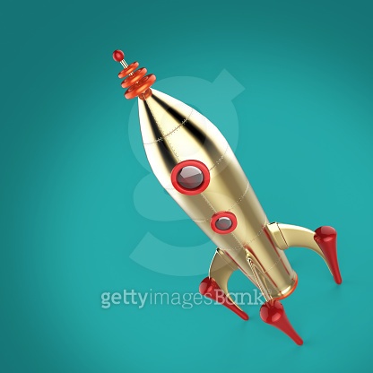 vintage colorful rocket spaceship with riveted body and two windows ...