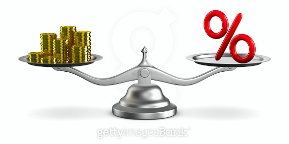 percent and money on scale. Isolated 3D image 이미지 (513993722) - 게티이미지뱅크