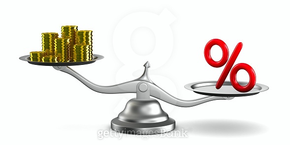 percent and money on scale. Isolated 3D image 이미지 (513993798) - 게티이미지뱅크