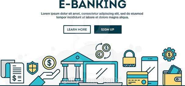E-banking, colorful concept header, flat design thin line style 이미지 ...