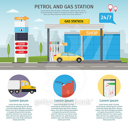 Gas filling station Vector flat illustration oil service with shop ...