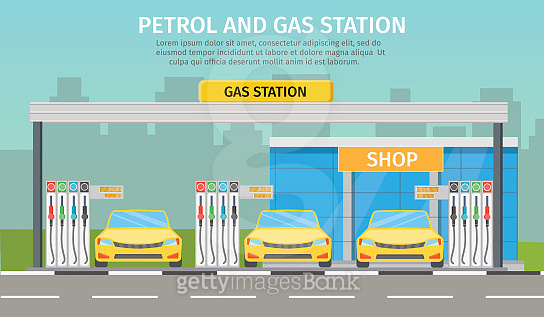 Gas filling station Vector flat illustration oil service with shop ...