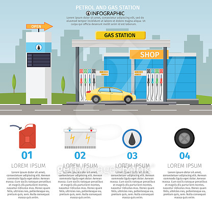Gas filling station Vector flat illustration oil service with shop ...