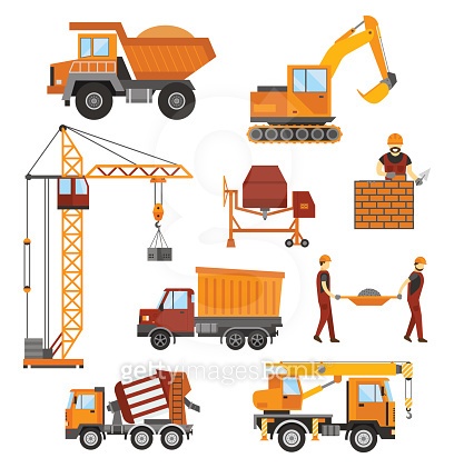 Building under construction, workers and construction technic vector ...