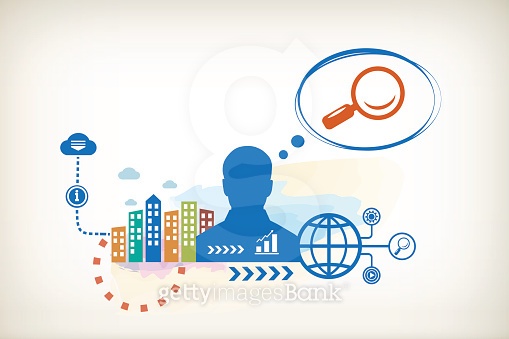 Magnifier and person with bubbles for dialogue. (543080844) - 게티이미지뱅크