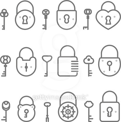 Lock keyhole and keys line art vector icons set 이미지 (607617418) - 게티이미지뱅크