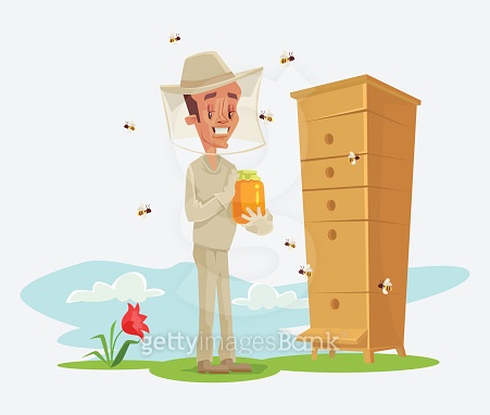 Beekeeper. Bee uly. Apiary. Bee garden. Vector flat cartoon ...