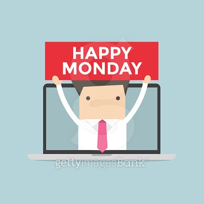 Businessman holding Happy Monday sign in computer notebook 이미지 ...