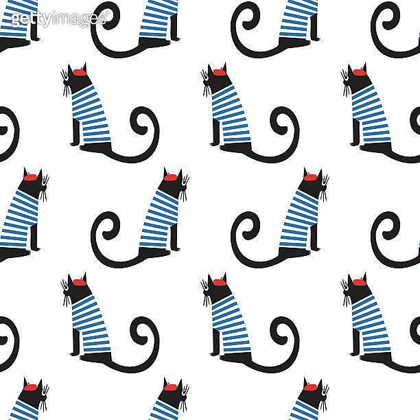 French style cat seamless pattern. Cute cartoon sitting parisian cat ...