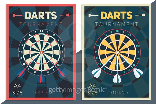 Darts tournament vector poster template design. Flat retro style ...