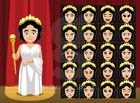 Greek Gods Hera Costume Cartoon Emotion faces Vector Illustration ...