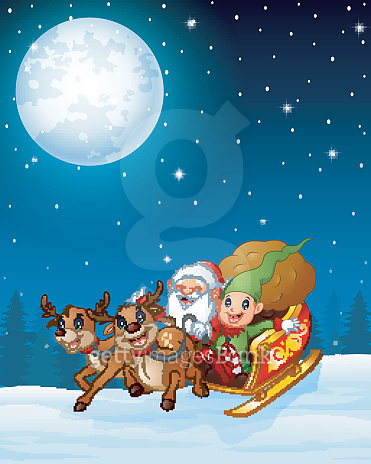 Santa and elf cartoon a riding in sled sleigh (628025780) - 게티이미지뱅크