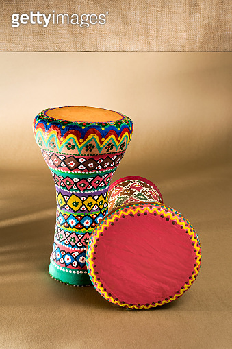 Two decorated colorful pottery goblet drums (chalice drum, tarabuka ...