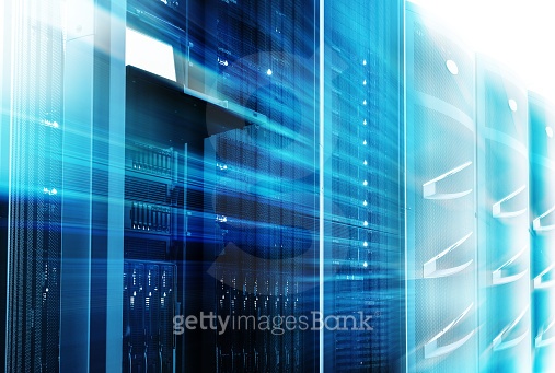 mainframes cluster with control terminal in data center. motion blur ...
