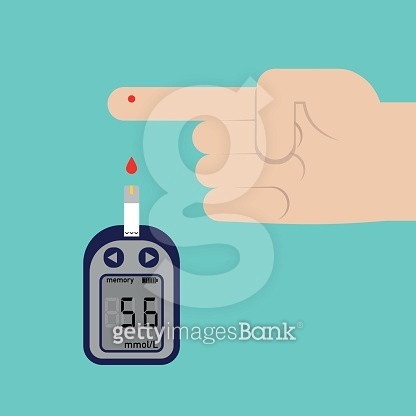 Hand applying blood drop to test strip of glucometer 이미지 (503391932 ...