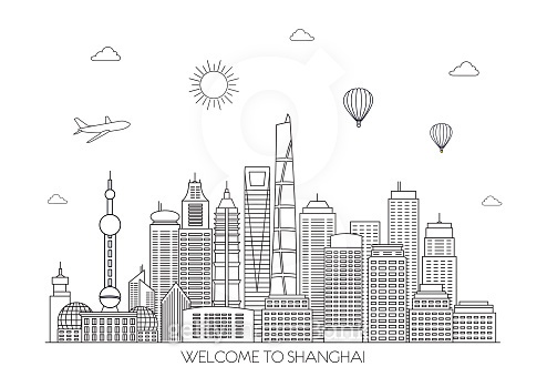 Shanghai skyline. Vector line illustration. Line style design 이미지 ...