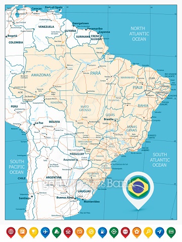 Road map of Brazil and colored map pointers (539340278) - 게티이미지뱅크