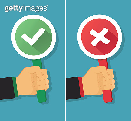 Business hand with true and false sign. Vector illustration 이미지 ...