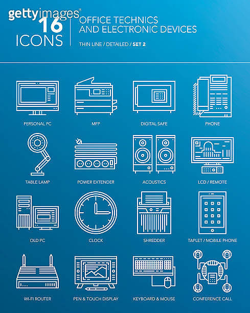 Detailed thin white line icons. Office technics and electronic devices ...