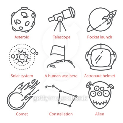 Vector thin line cartoon icons with space theme 이미지 (610454958) - 게티이미지뱅크