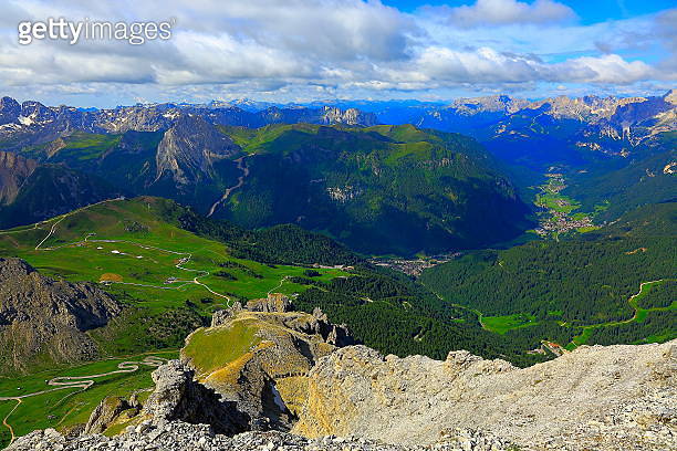 Alpine village panorama from SAS Pordoi, Dolomites, Italian Tirol alps ...