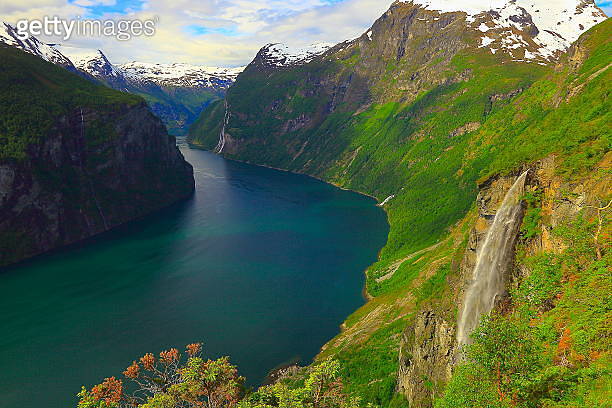 Geiranger idyllic Fjord dramatic sunset, waterfalls cascades - Norway ...