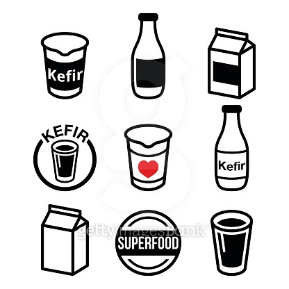 Kefir or kephir, fermented milk product, superfood icons set (513949210 ...
