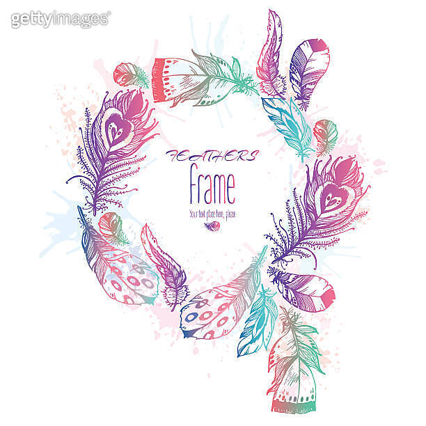 Hand drawn vector painted colorful frame with bird feathers 이미지 ...