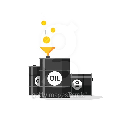 Oil barrels with funnel, gold coins falling to oil tanks 이미지 (528953382 ...