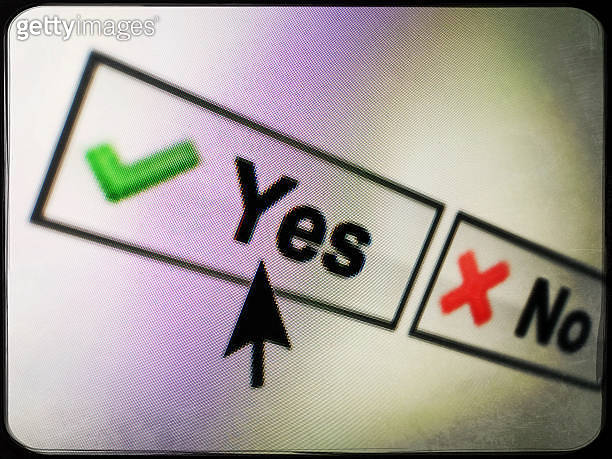 YES computer monitor button with mouse arrow (588259510) - 게티이미지뱅크