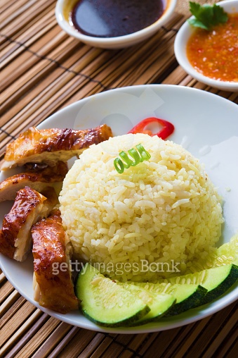 roasted chicken rice. Asian style hainan chicken rice closeup ...