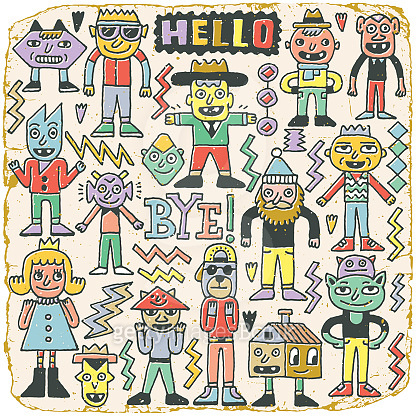 Funny Wacky Doodle Characters Set 20. Vintage Texture. Vector ...