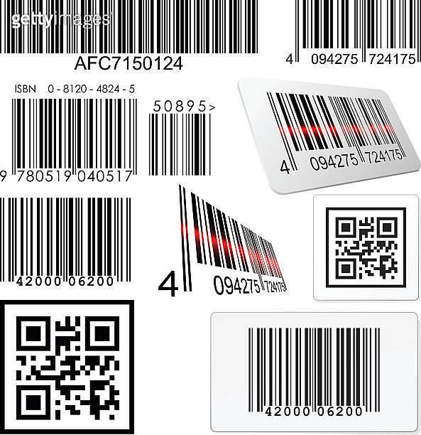 Set of bar codes and qr codes with labels (518911730) - 게티이미지뱅크