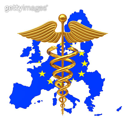 Gold Medical Caduceus Symbol with European Union EU Flag. 이미지 ...