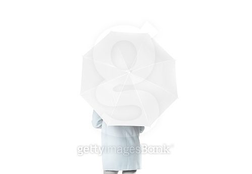 Women stand backwards with white blank umbrella opened mockup ...