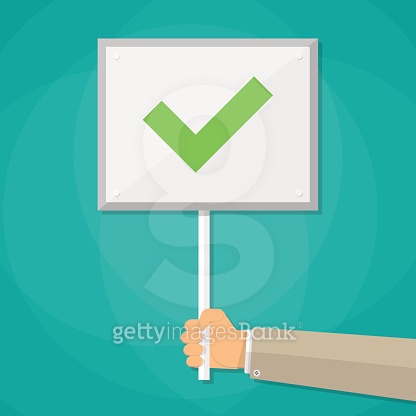 Cartoon Businessman hand hold sign with tick. positive checkmark in ...