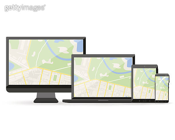 GPS map on display of modern digital devices 이미지 (520098076) - 게티이미지뱅크