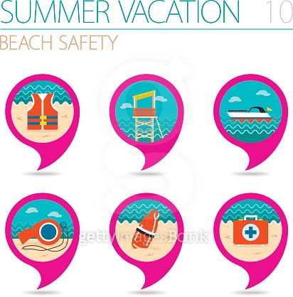 Lifeguard beach safety pin map icon set. Vacation 이미지 (585073986) - 게티이미지뱅크