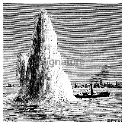 Antique illustration of torpedo missile explosion underwater (612226458 ...