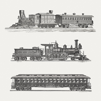 American steam trains, wood engravings, published in 1880 이미지 ...