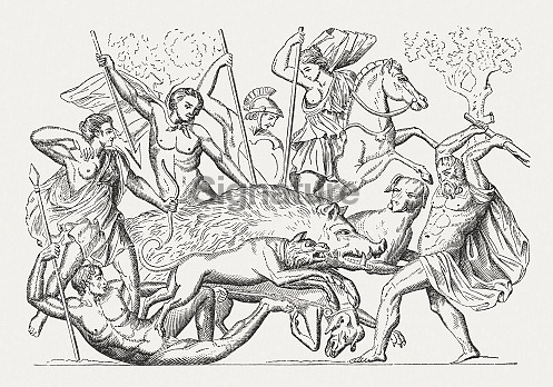 The slaying of the Calydonian boar, Greek mythology, published in 1880 ...