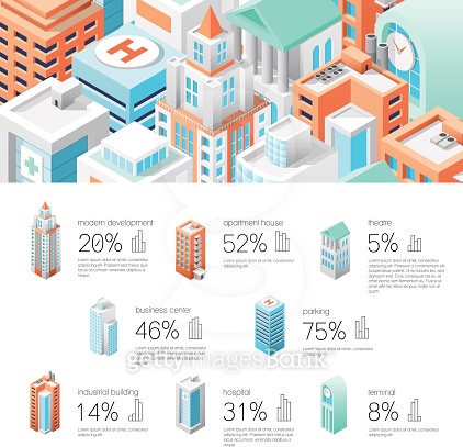 Isometric city infographic. Different buildings and icons. 이미지 ...