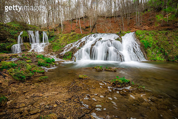 Waterfall in pristine beech tree forest in Europe -stock image 이미지 ...