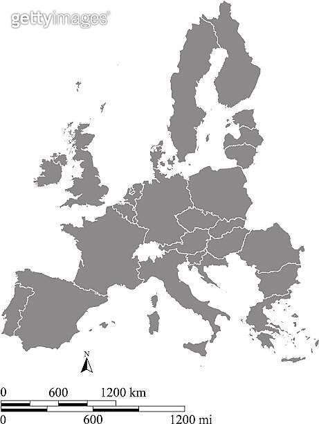 European Union map outline vector with miles and kilometers scales ...